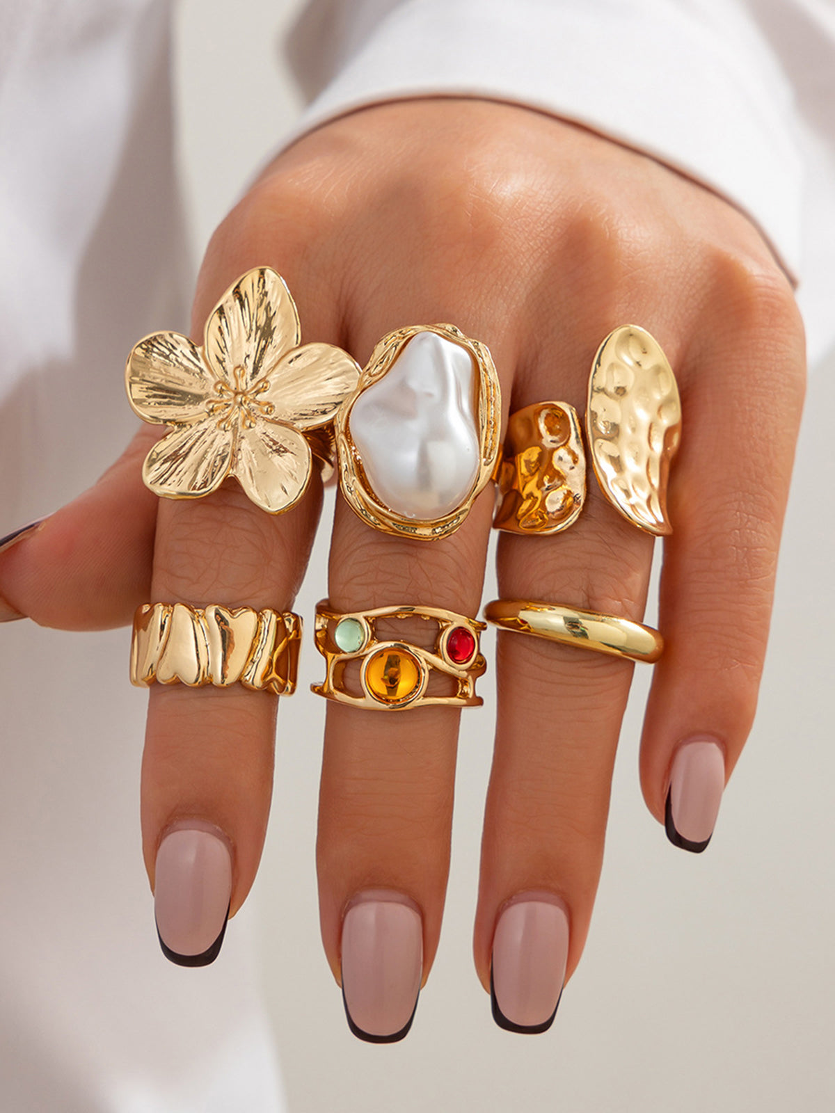 Six-Piece Statement Ring Set With Pearl & Floral Accents | COMMENSE