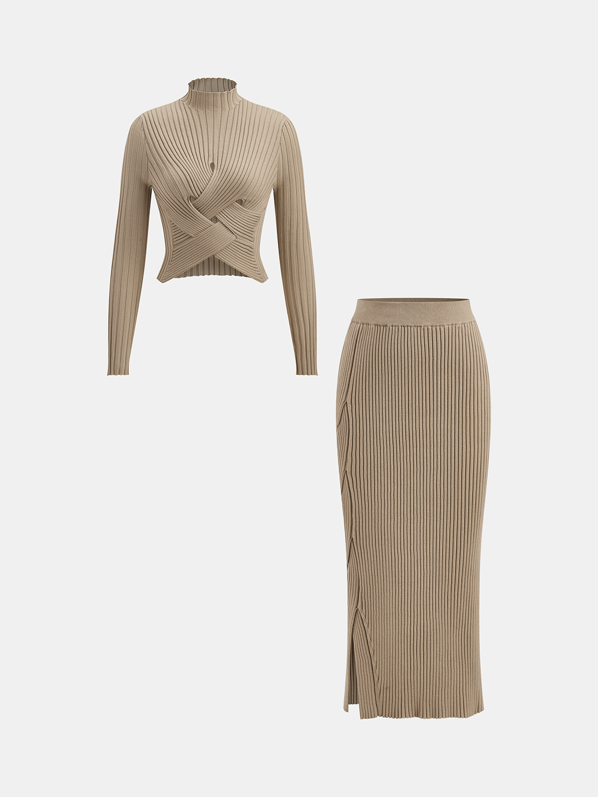 Mock Neck Cross-Over Crop Top and Midi Skirt Set | COMMENSE